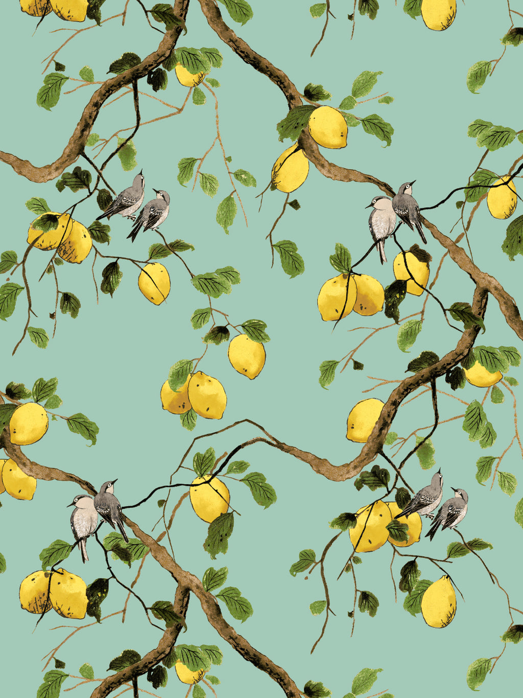 'Lemon Birds' Wallpaper by Nathan Turner - Jade Green – Wallshoppe