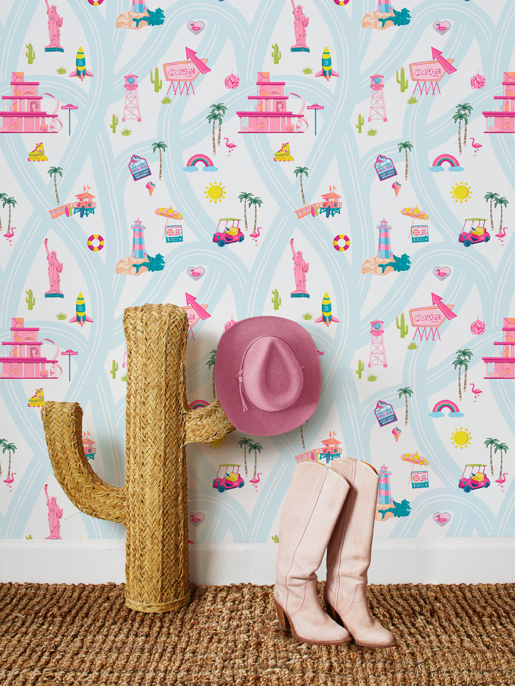 'Barbie™ Land' Wallpaper by Barbie™ - Pale Blue – Wallshoppe