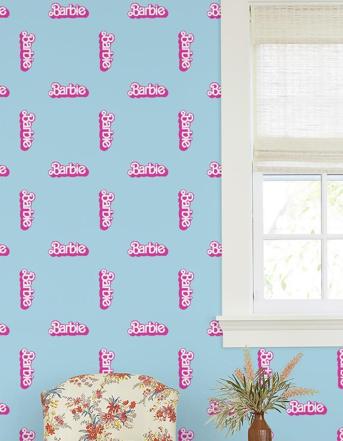 'Barbie™ 80s Logo' Wallpaper by Barbie™ - Baby Blue – Wallshoppe