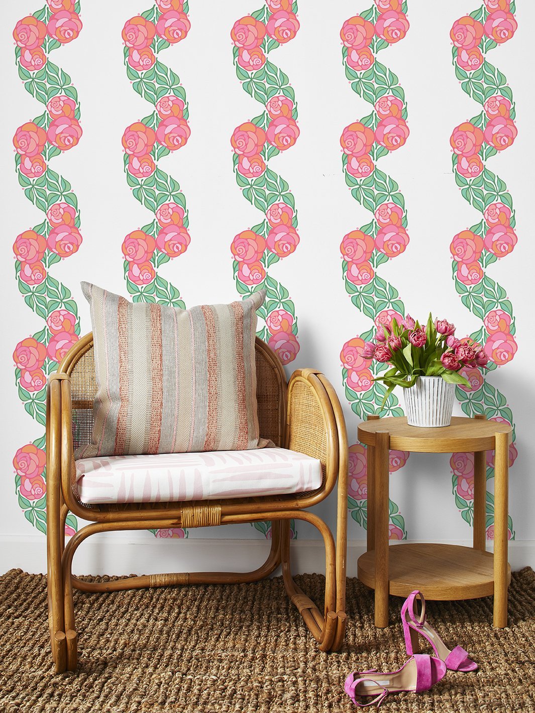 'Groovy Floral Stripe' Wallpaper by Barbie™ - Rose – Wallshoppe